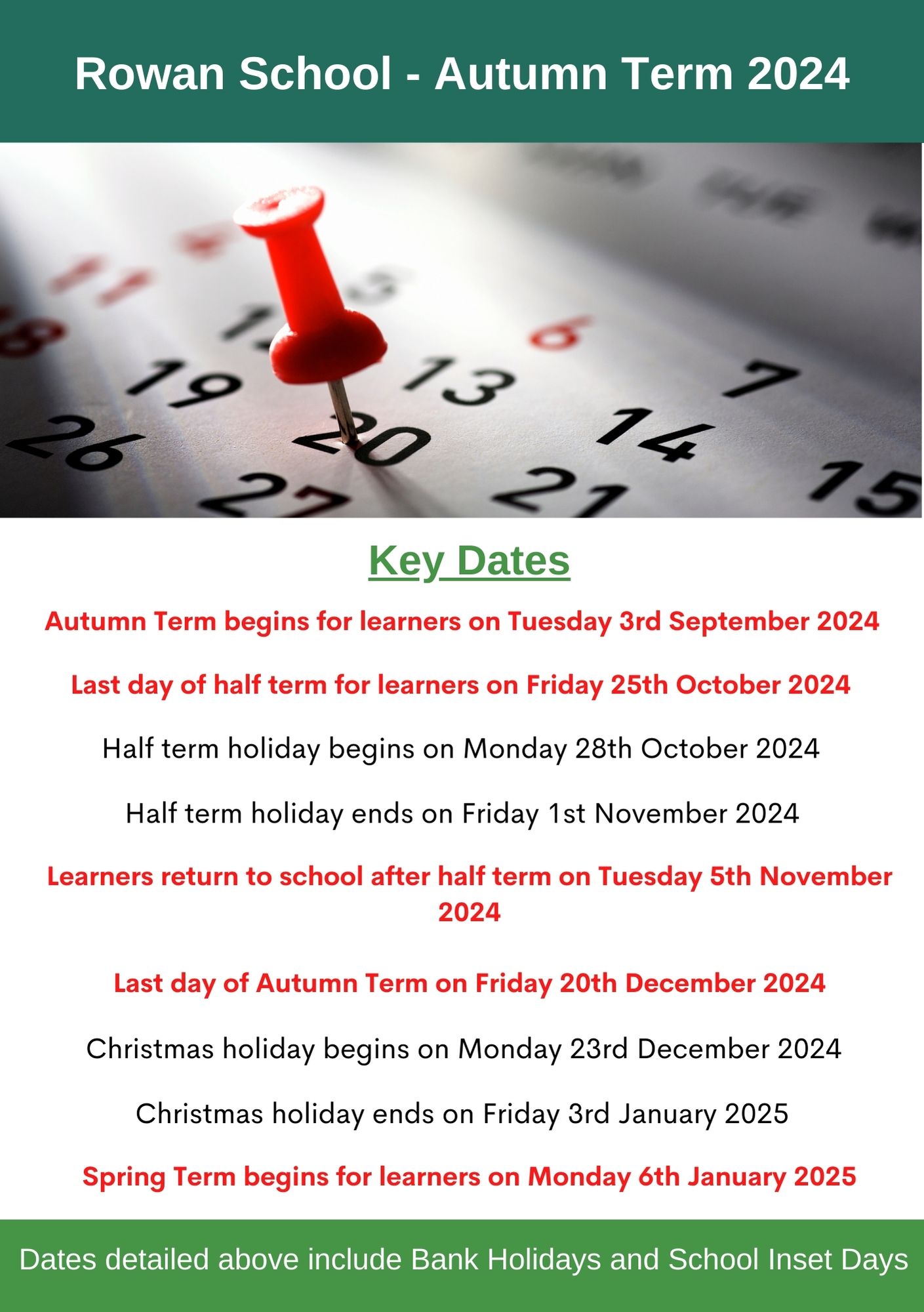 The School Day and Term Dates | Rowan School