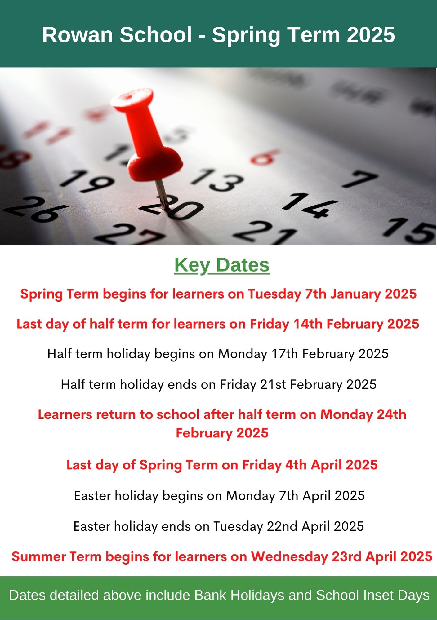The School Day and Term Dates | Rowan School